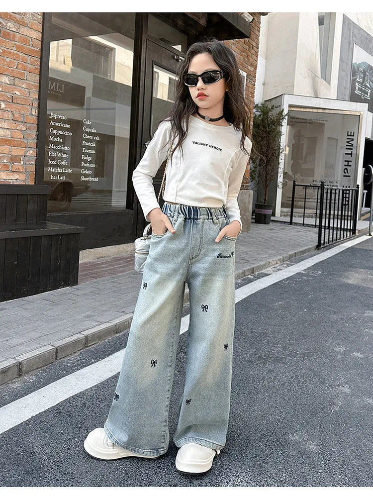 New 4-14 Years Spring Autumn Teenage Girls Jeans Full Print Bow Embroi ...
