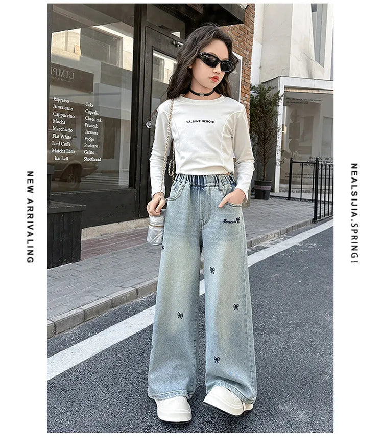 New 4-14 Years Spring Autumn Teenage Girls Jeans Full Print Bow Embroi ...