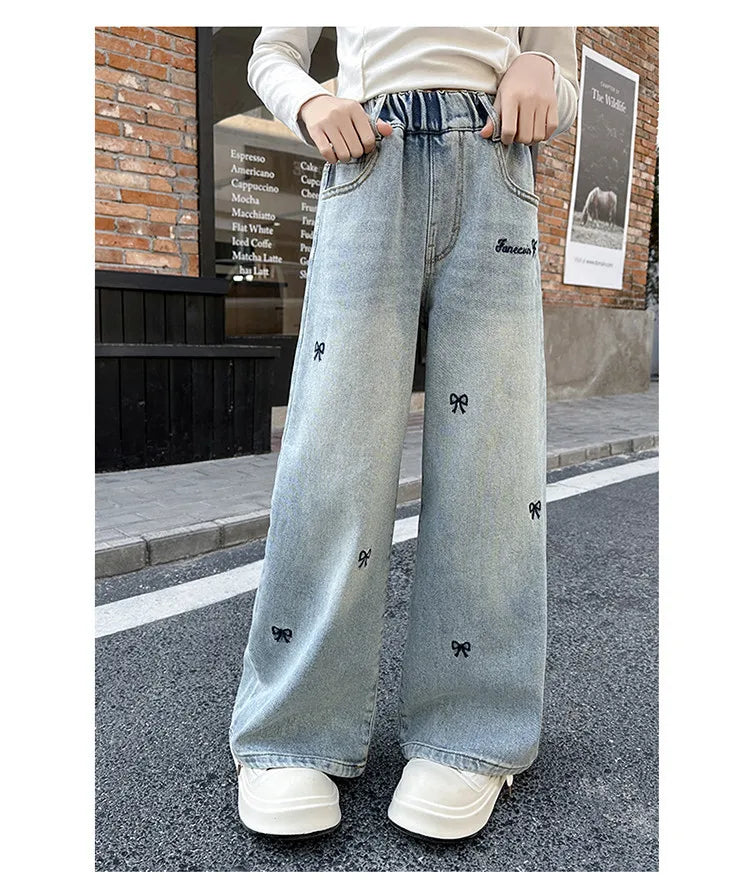 New 4-14 Years Spring Autumn Teenage Girls Jeans Full Print Bow Embroi ...